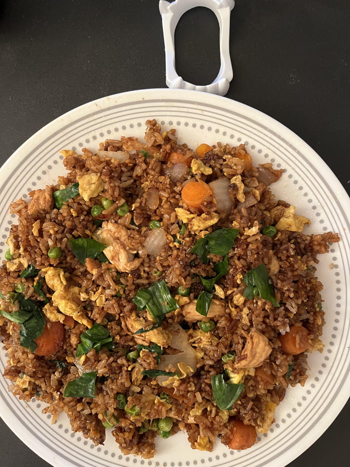 Chicken fried rice with chopped Ramps, onions, carrots, garlic, scared ...