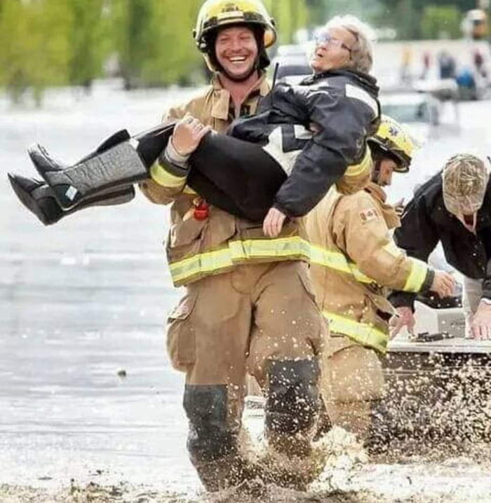 Old lady to the firefighter: "Oh, dear, this reminds me of my wedding day!" - 9GAG