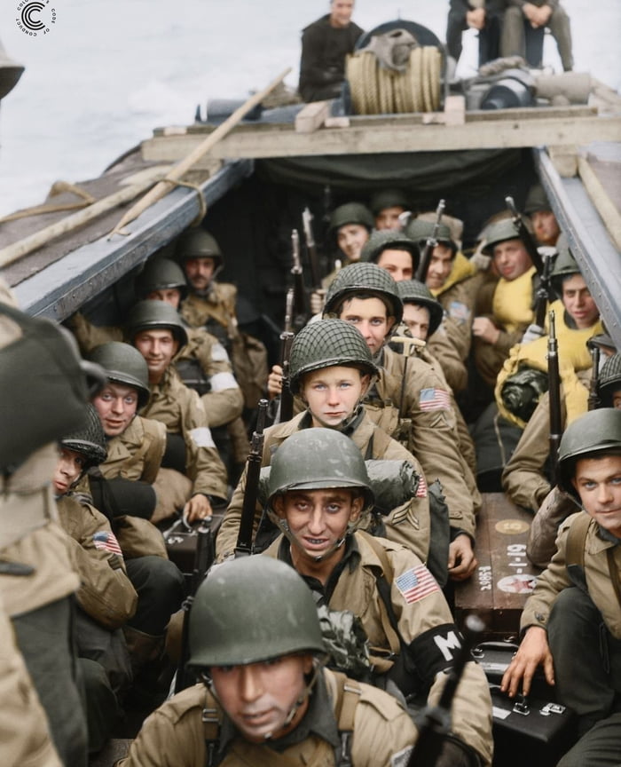 Kids with guns. Colourised D-Day landing craft - 9GAG