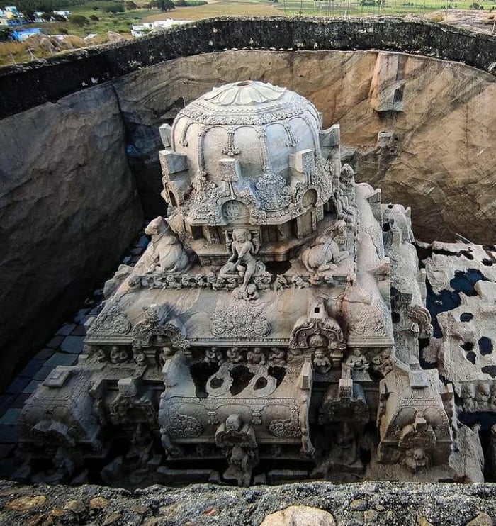 Unfinished 7th century rock cut indian hindu temple. The structure was ...