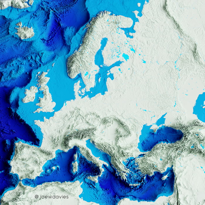 Elevation map of Europe showing both land and seafloor topography - 9GAG