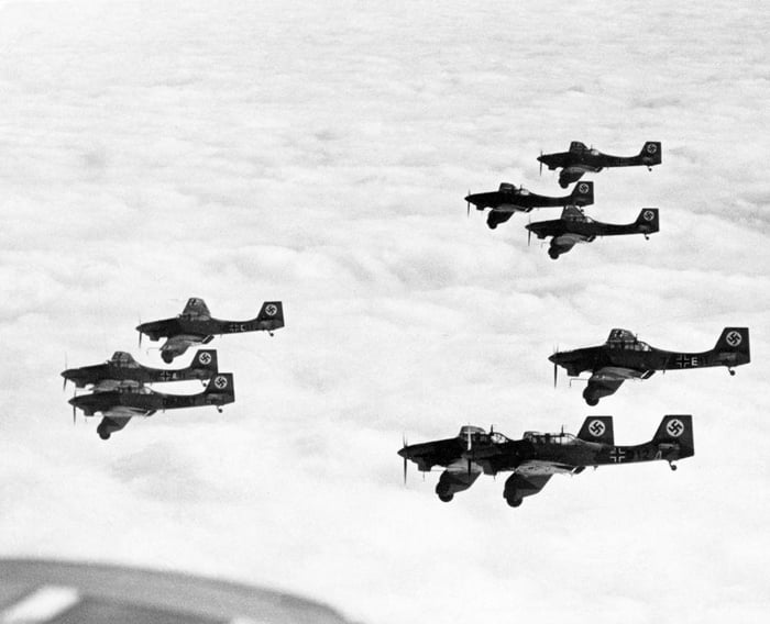 Formation of Ju 87A "Stuka" dive bombers in flight, circa 1940 - 9GAG