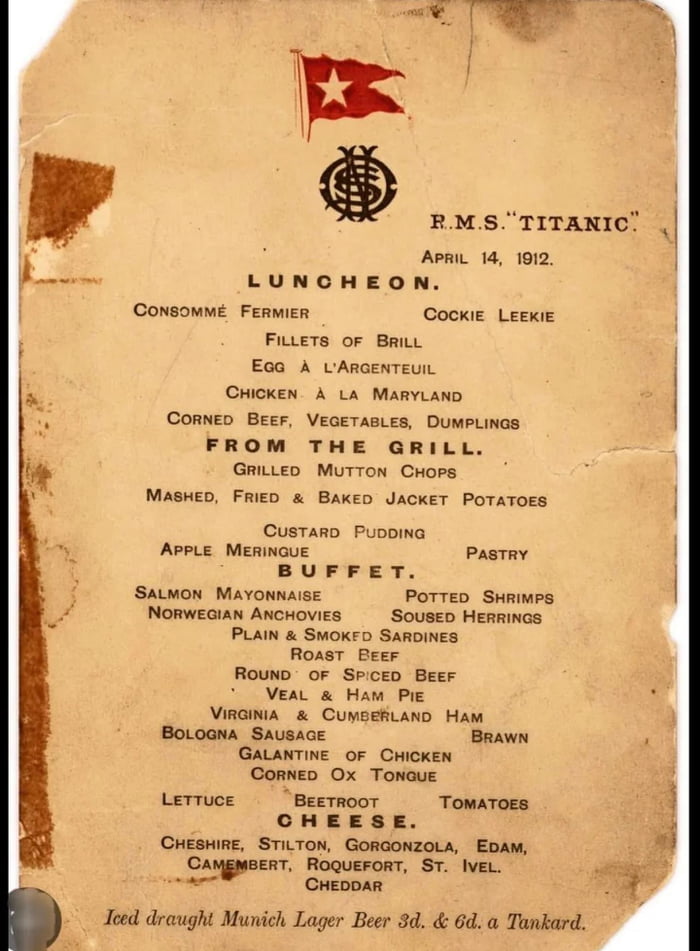 RMS Titanic restaurant menu, April 14, 1912 - 9GAG