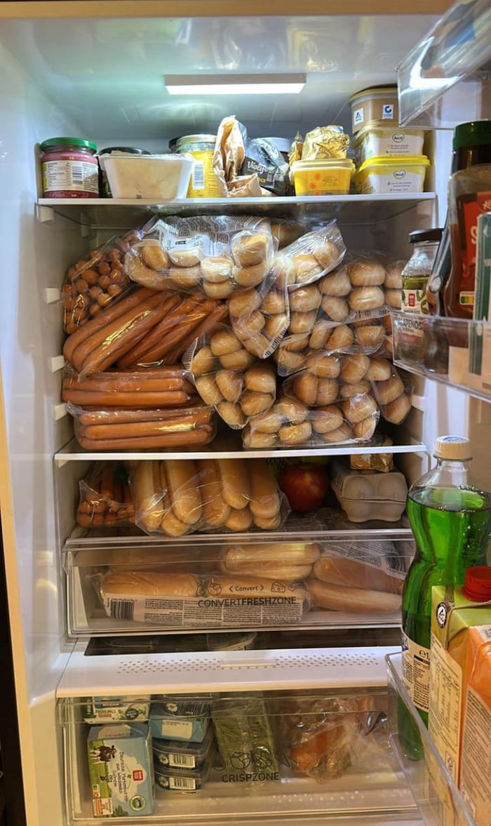 This fridge is ready for the ultimate hot dog party, or maybe just a ...