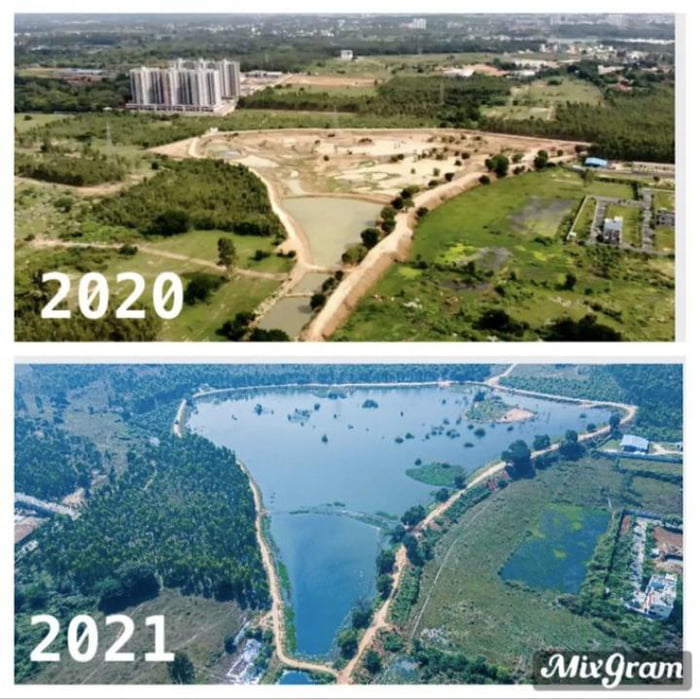 Lake Hadosiddapura, Bangalore, India. Before and after rejuvenation efforts + monsoon. - 9GAG