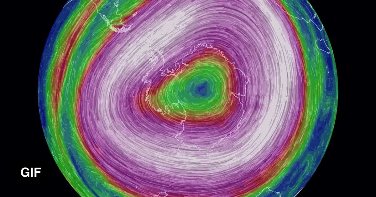 The Jet stream loop around Antarctica. 30 km above ground, wind speeds ...