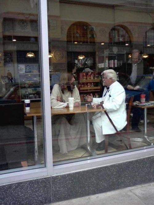 Jesus Christ and Colonel Sanders discussing which spices should be used ...