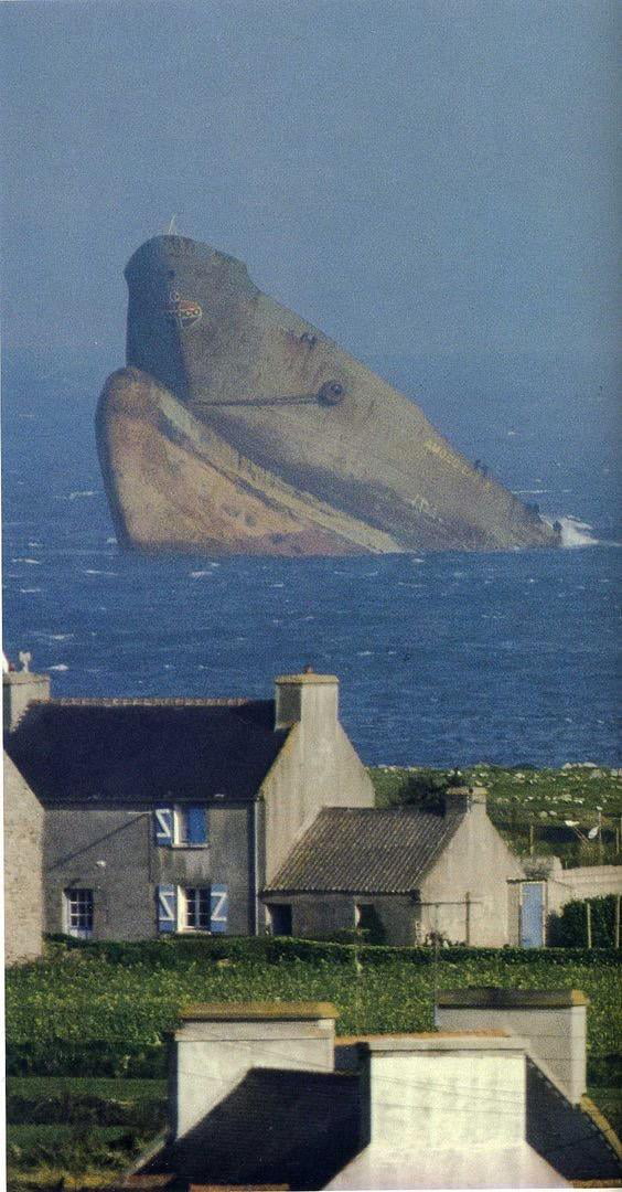 The oil tanker Amoco Cadiz sinking off the coast of Brittany, France ...