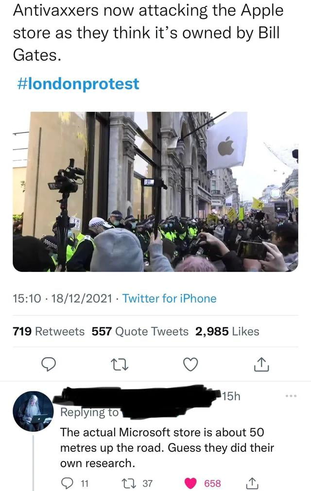 London’s anti-vax target Bill Gate’s Apple store - 9GAG