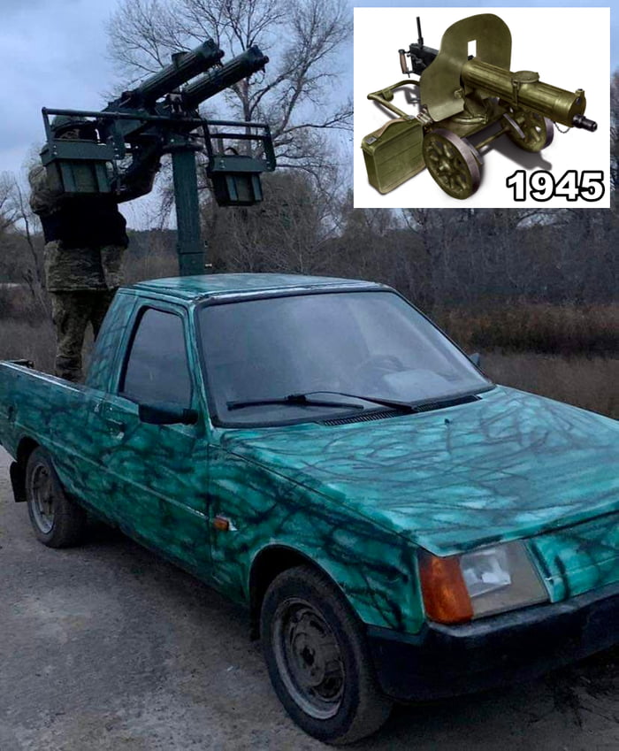 Ukrainian mobile anti drone crew, using a twin Maxim gun turret mounted ...