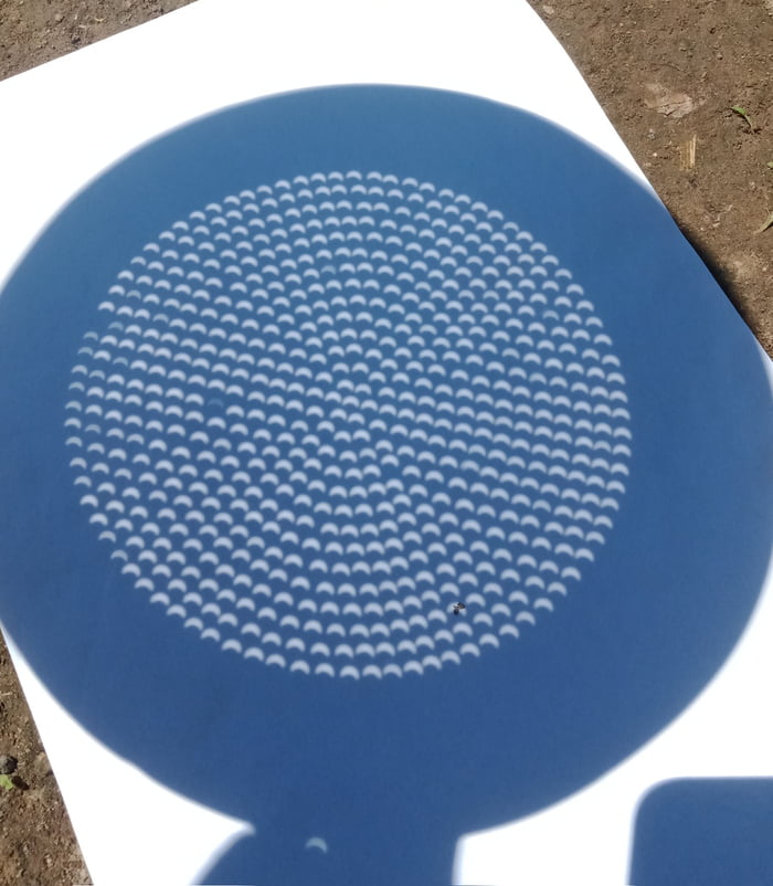 Watching partial solar eclipse through colander, the light is passing ...