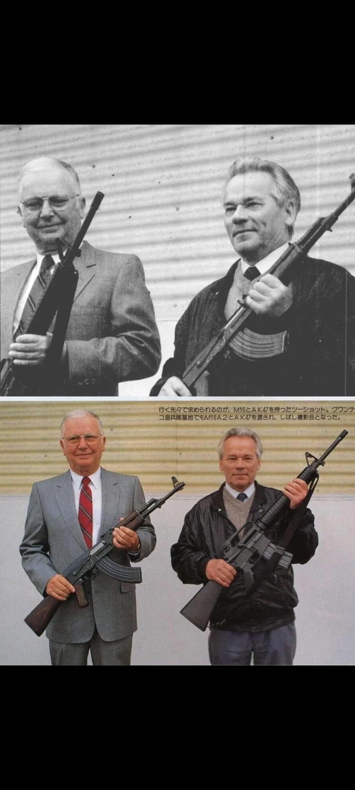 Eugene Stoner (father of the m16) and Mikhail Kalashnikov (father of the AK-47) holding each ...