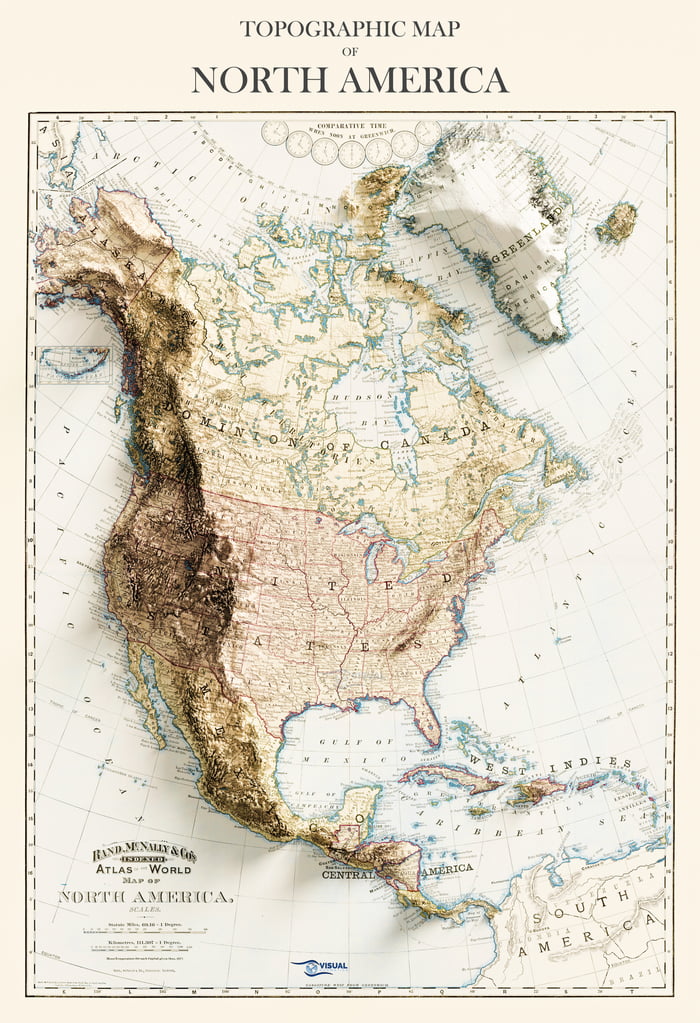 North America topographic map published in 1892 with shaded relief ...