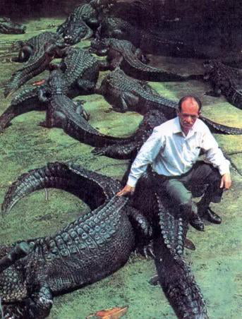 American inventor and bodybuilder Arthur Jones with his pet crocodiles ...