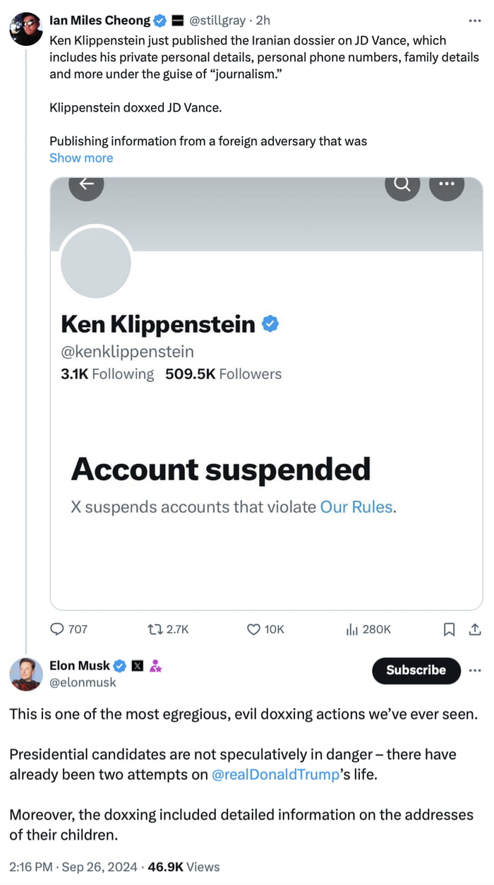 Elon Musk admitting that he personally banned Ken Klippenstein’s account because it would have ...