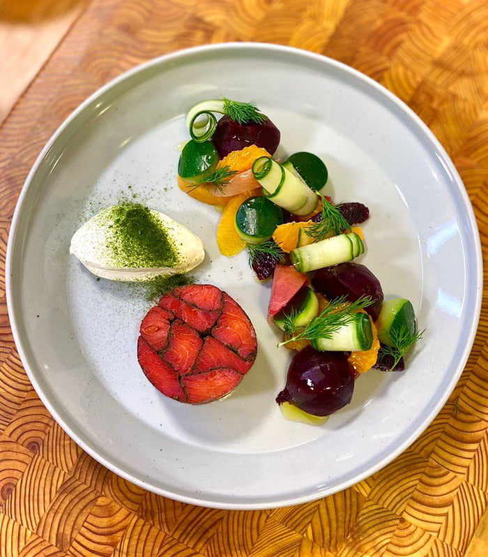 Beet cured salmon mosaic, with orange segments and tri coloured beet ...
