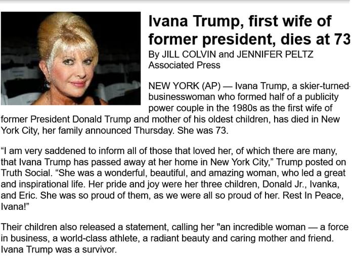 Ivana Trump, first wife of former president, dies at 73 By JILL COLVIN ...