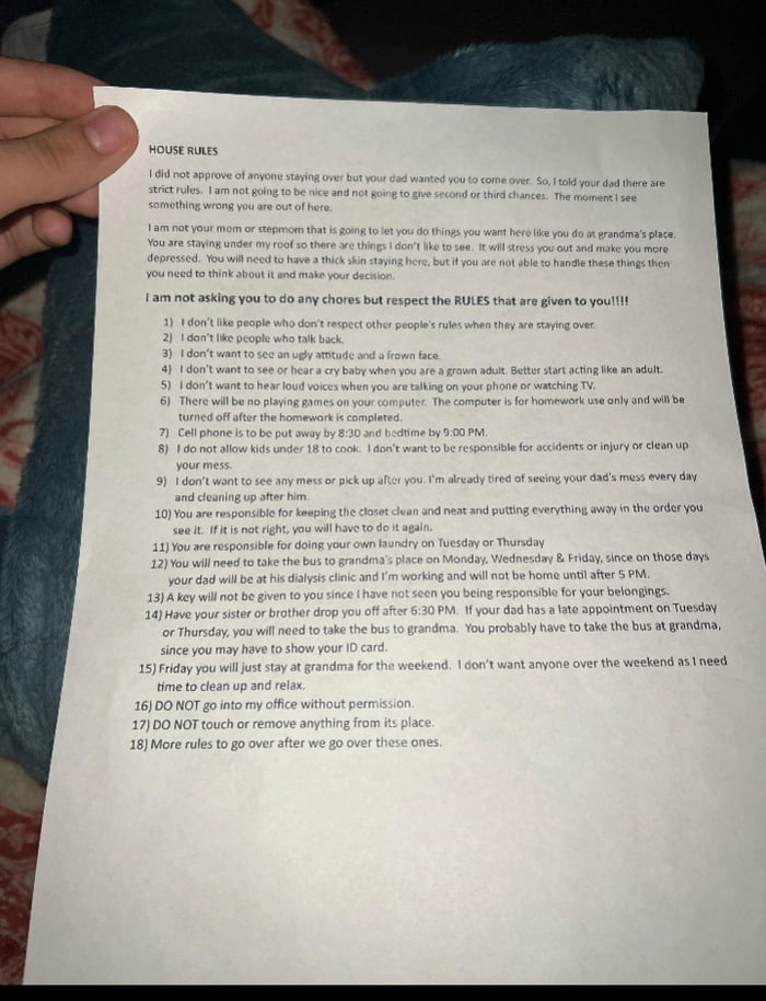 Lists of house rules Step Mom gave to her 15 years old teen to stay in the house - 9GAG
