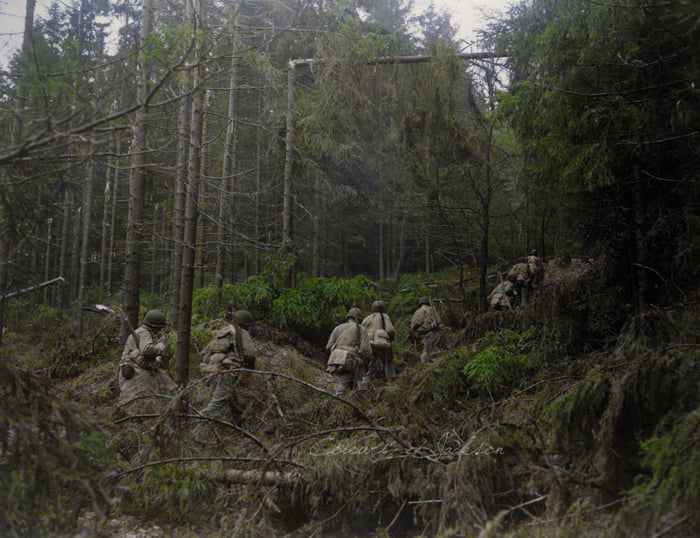 First U.S. Army infantrymen start through heavy woods on way to attack ...