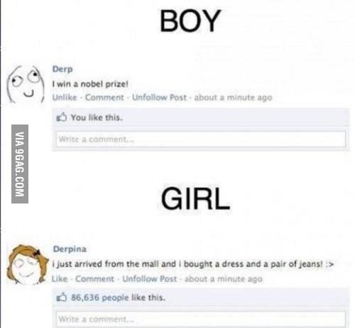 The difference between a boy post vs a girl post on facebook - 9GAG