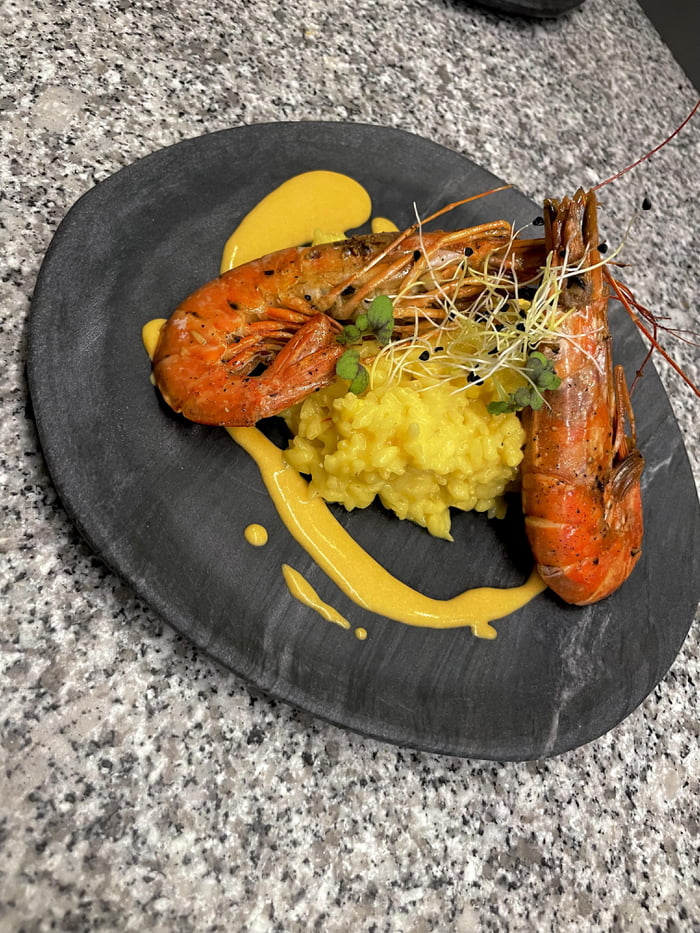 Carabineros - Risotto alla Milanese - lobster cream - mustard and garlic greens - 9GAG