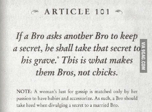"article 101: real bro's keep secrets" from the Bro Code - 9GAG