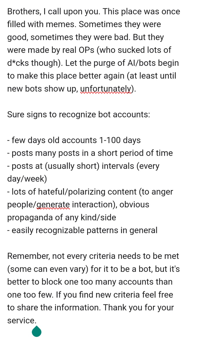 Let the cleansing begin. Please contribute by checking accounts that post stuff. If they meet ...