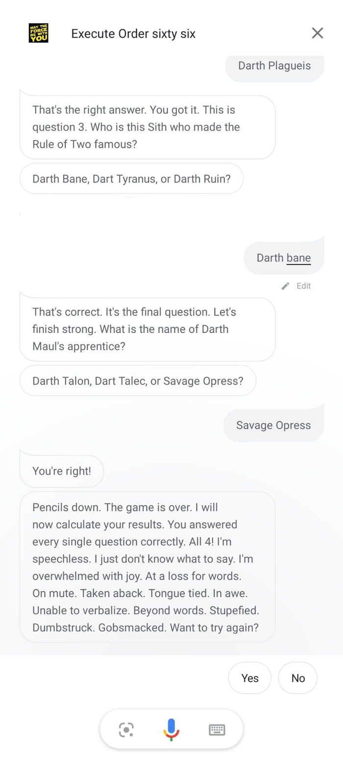 Now saying "execute order 66" to Google assistant replies with a little quiz. Have fun! - 9GAG