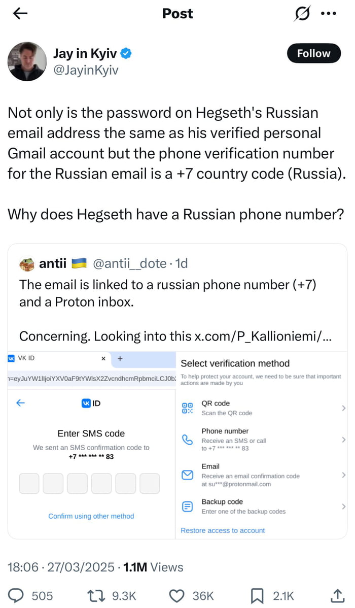 Hegseth’s Russian email has the same password as his verified gmail. And his 2FA is a Russian ...