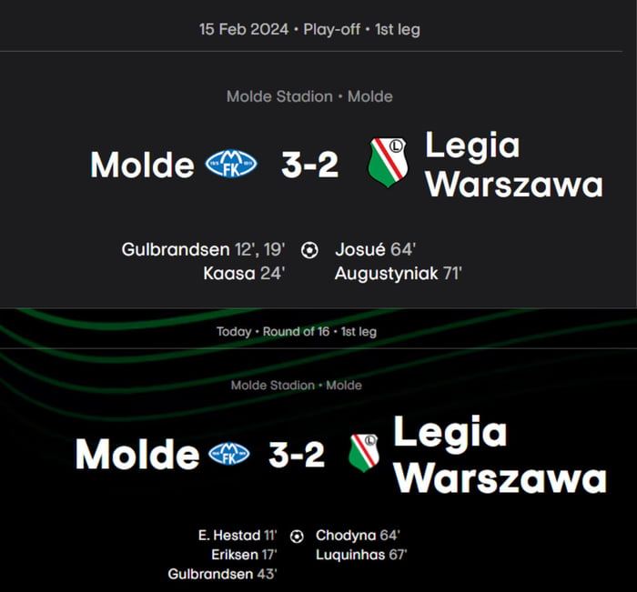 For the 2nd consecutive season, Molde beats Legia Warszawa 3-2 after being 3-0 at half-time ...