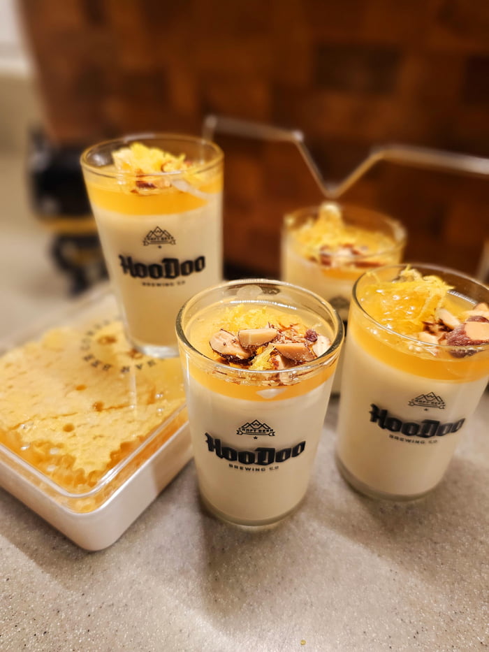 Honey panna cotta with honey gelee, topped with raw honeycomb, honey ...