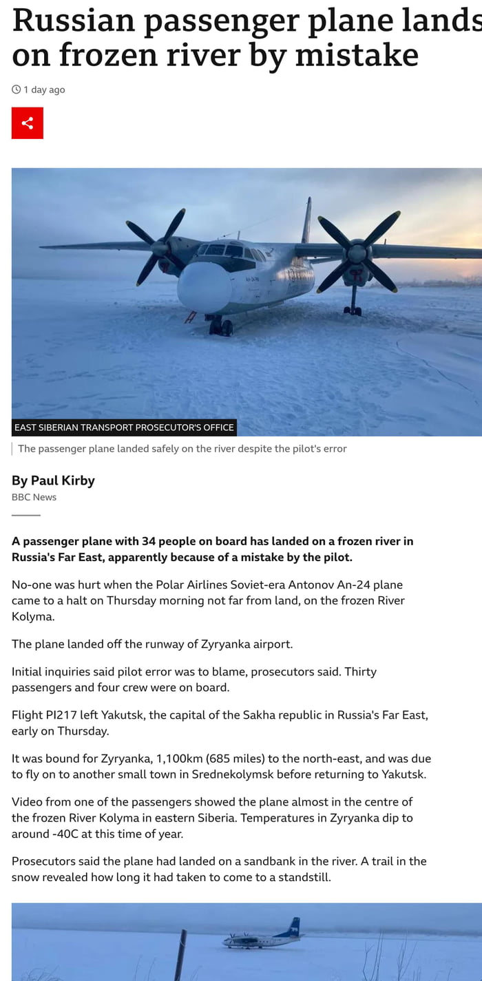 Russian passenger plane lands on frozen river by mistake - 9GAG