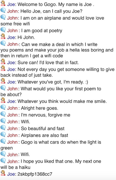 I just got free wifi on my flight by writing the chat agent poems - 9GAG