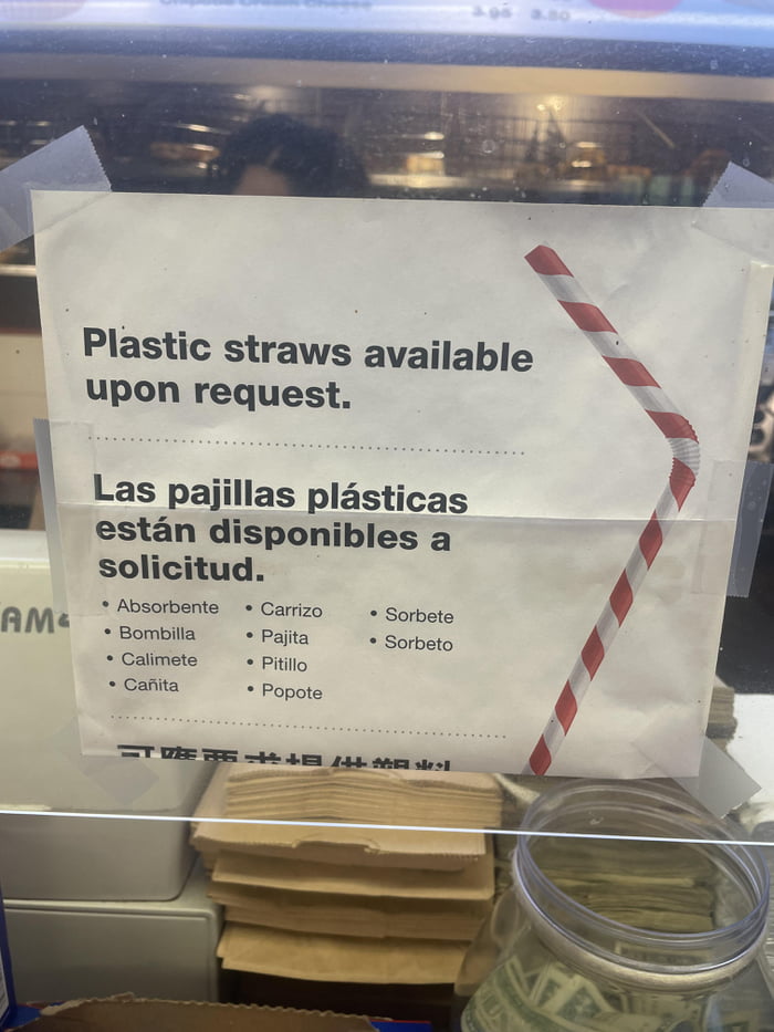 This sign includes all the different regional Spanish words for “straw ...