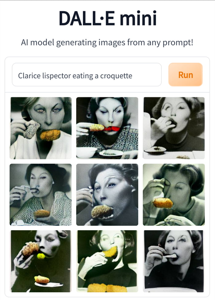 Fiz a IA do Dall E Mini tentar gerar a Clarice Lispector comendo um croquete... Terei pesadelos ...