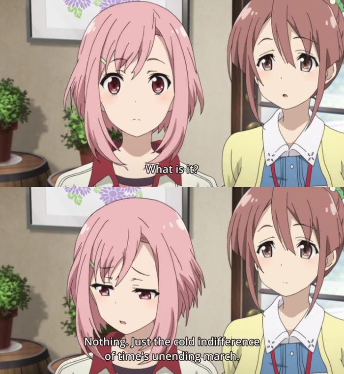 Dang Yoshino, way to make Shiori feel bad. In all seriousness Sakura Quest is a great show. - 9GAG