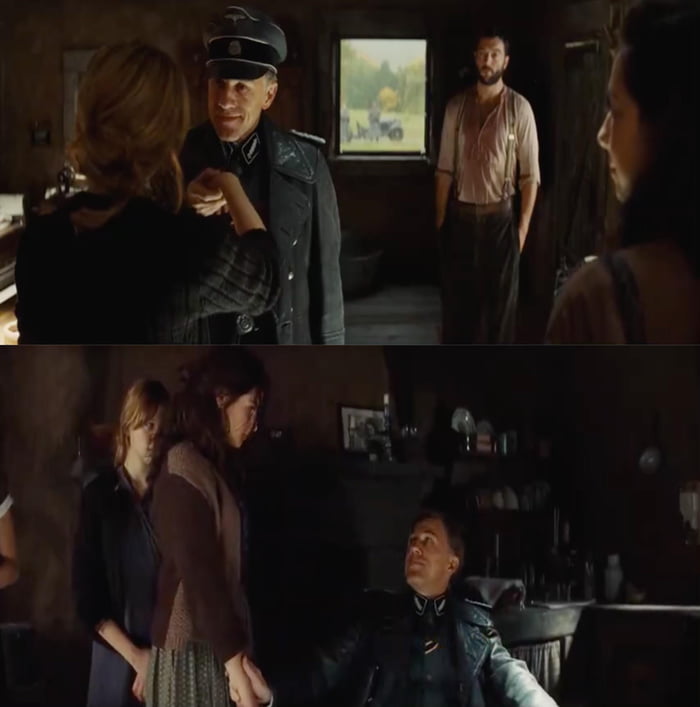 When Hans Landa takes the hands of the Jewish girls in the opening ...