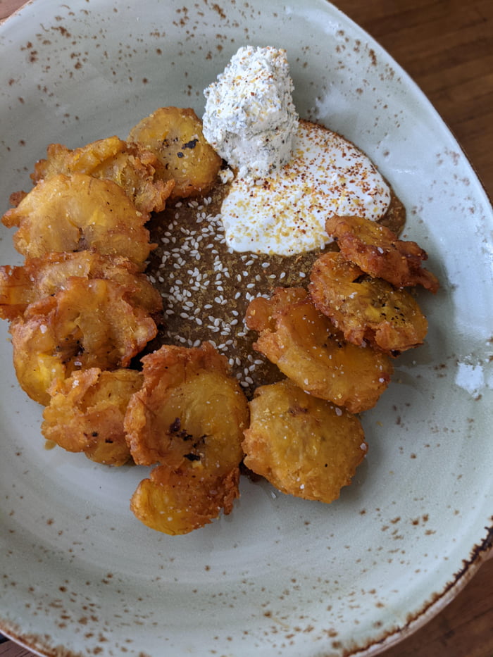 Tostones: pozole-mole, crema, lemon parsley goat cheese, tajin ...