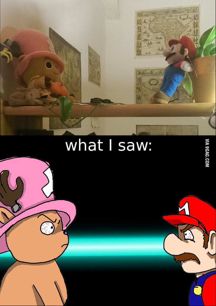 Chopper and Mario had a staring contest on my shelf... - 9GAG
