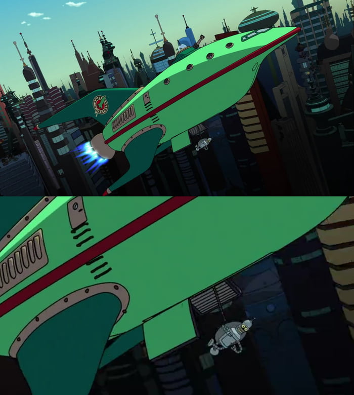 Bender is hanging out of the Planet Express ship in the intro of the ...