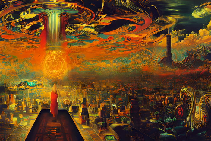 DMT realm pouring out of the sky over utopia with trashy colours, oil ...