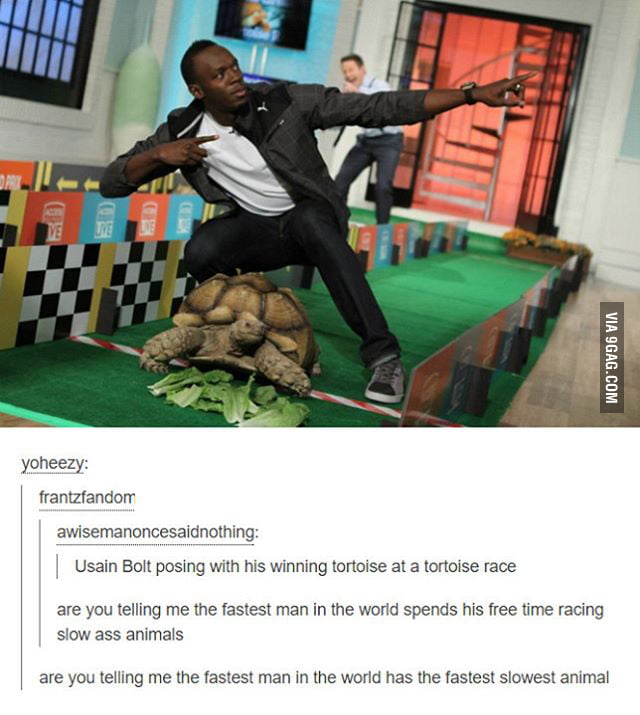 The fastest man alive posing with the fastest slowest animal alive. - 9GAG