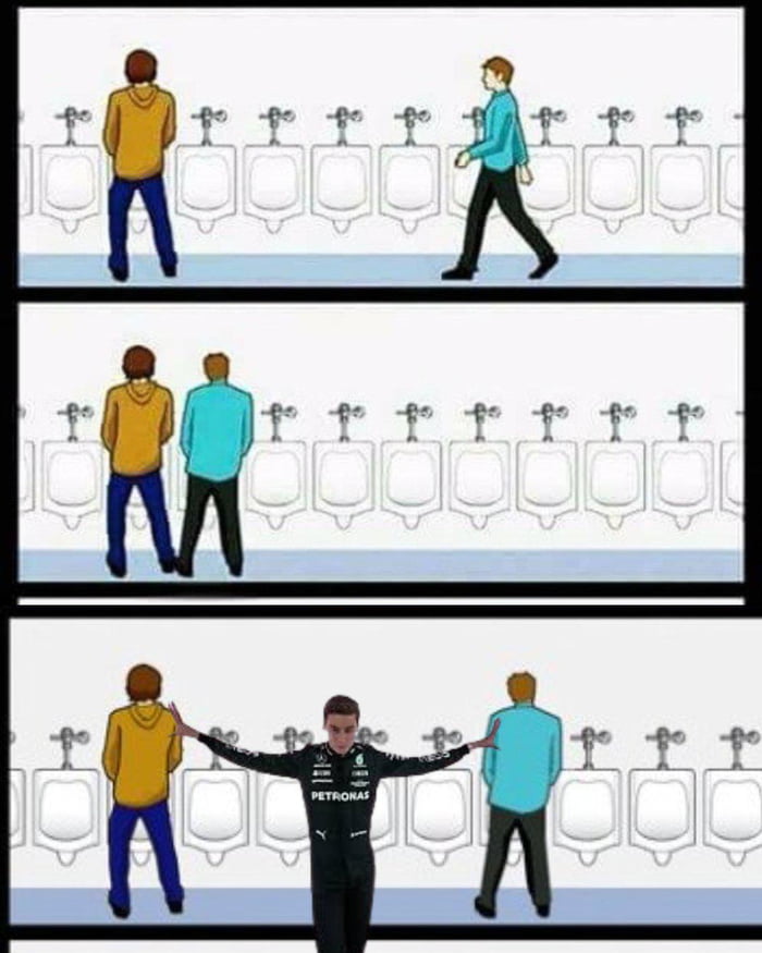 George Russell, ensuring proper social distancing even at the urinal ...