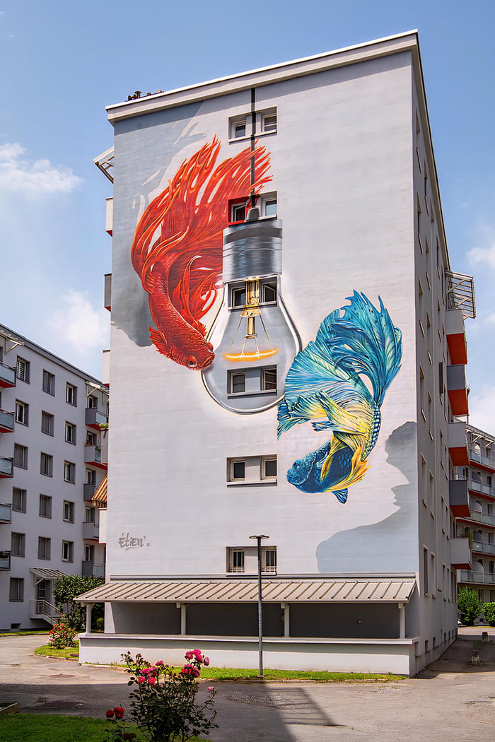Betta fish providing the building's illumination. - 9GAG