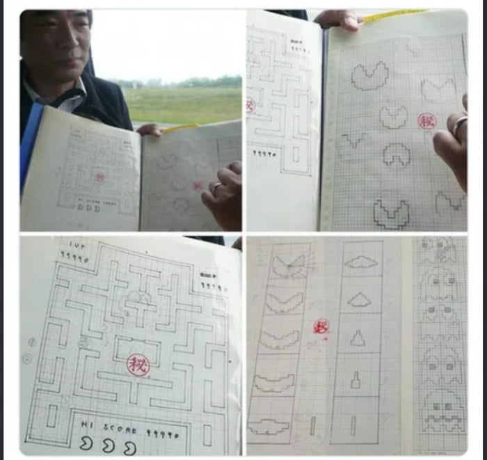 Tõru Iwatani, inventor of Pac-Man, shows his original drafts - 9GAG