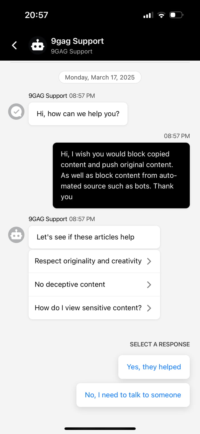Feedback for 9gag support opens a chat bot - 9GAG