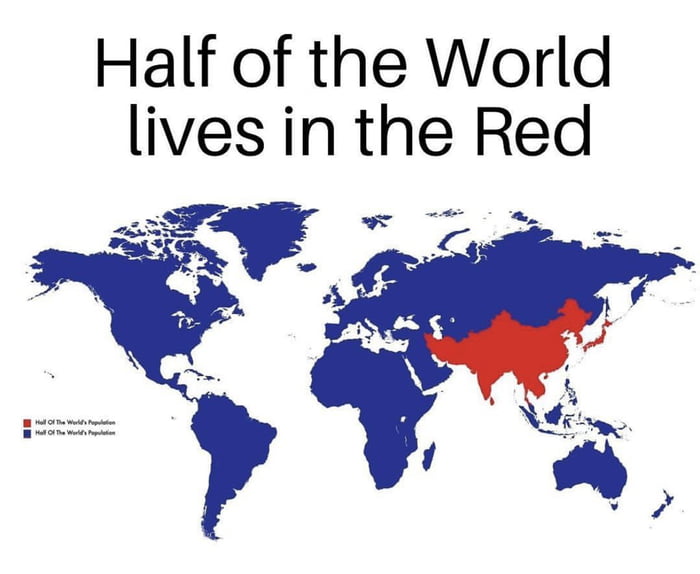Half of the world live in the blue part and the other half in the red ...
