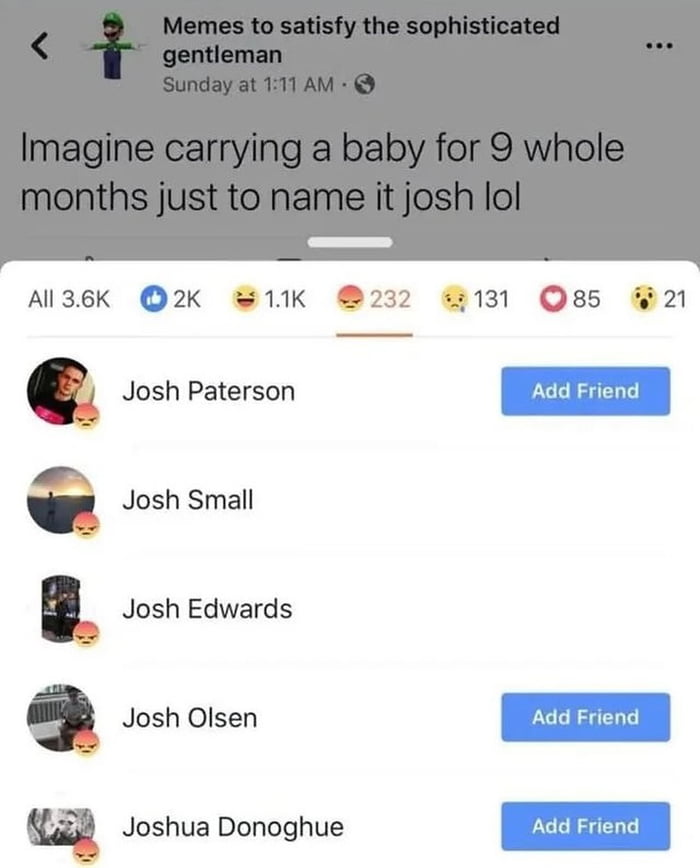 Imagine the sheer audacity of naming your child Josh. The internet understands the struggle. - 9GAG