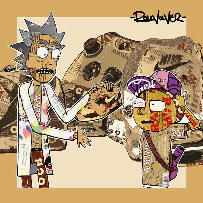 Picture of rick and morty made by chopping up rolling paper packets and ...