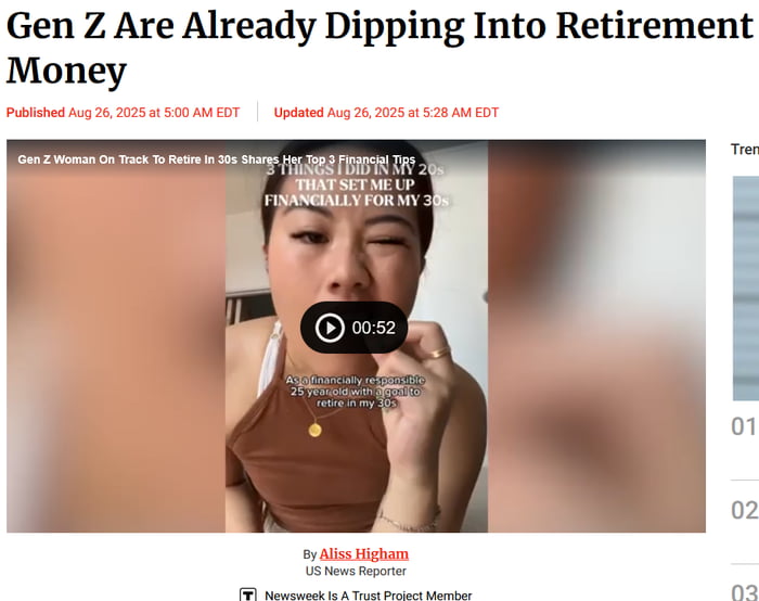 46% of Gen Z workers dip into their retirement accounts for daily living (USA) - 9GAG